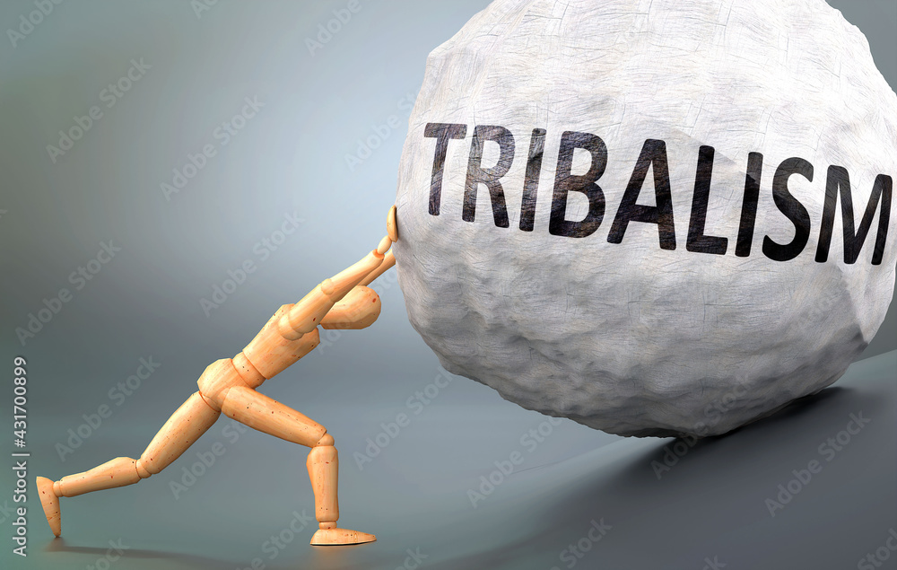 Tribalism and painful human condition, pictured as a wooden human ...