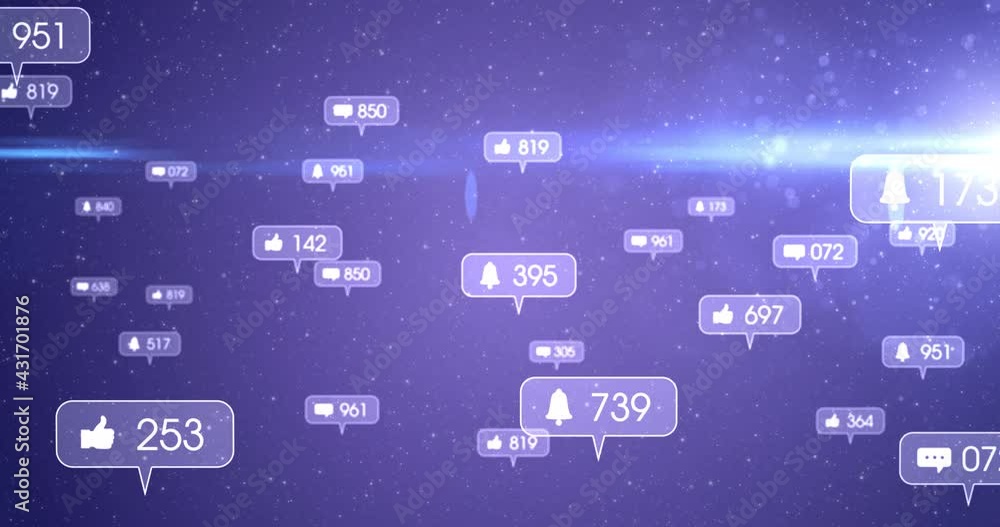 Animation of social media icons and numbers on grey banners over stars ...