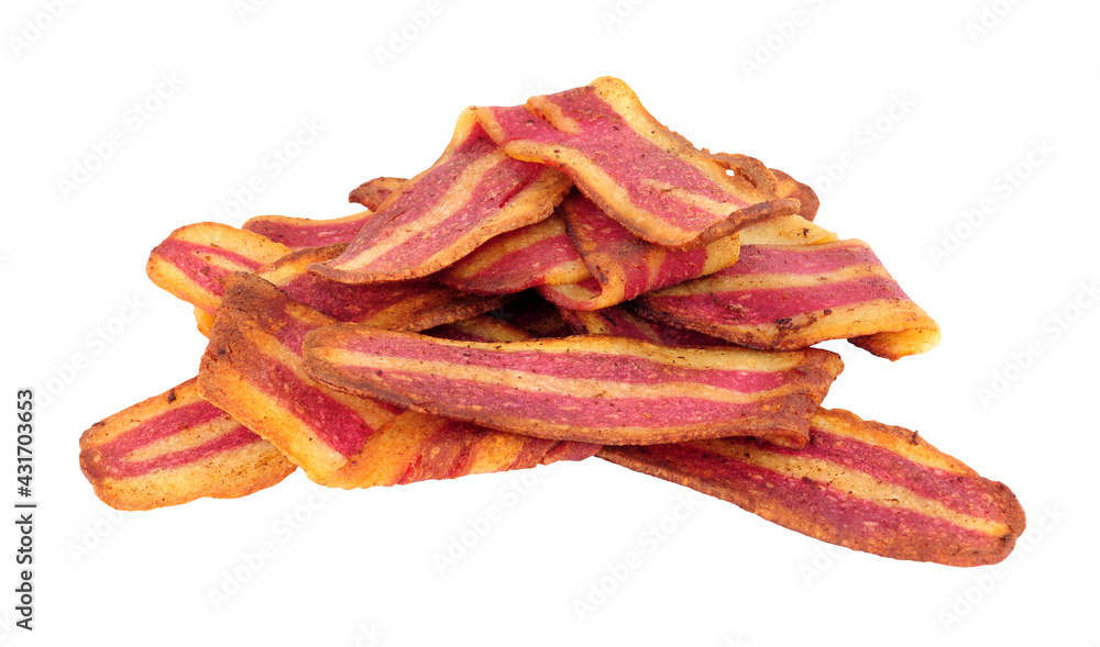 Fried crispy meat free plant based bacon rashers isolated on a white ...