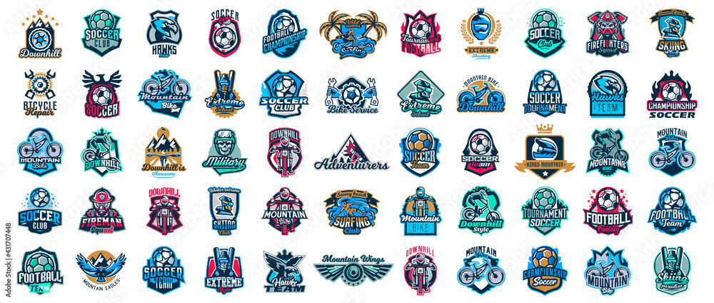 Huge set of colorful sports logos, emblems. Extreme and team sports ...