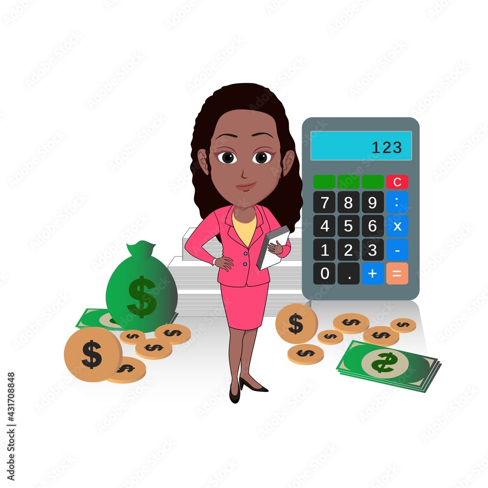Cartoon Caricature of Black Ebony Business Woman with calculator and ...