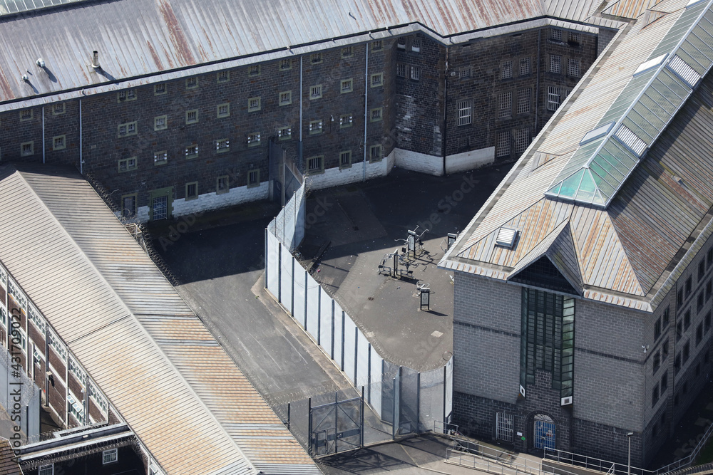 An aerial view of a HMP prison taken from a helicopter in the United ...