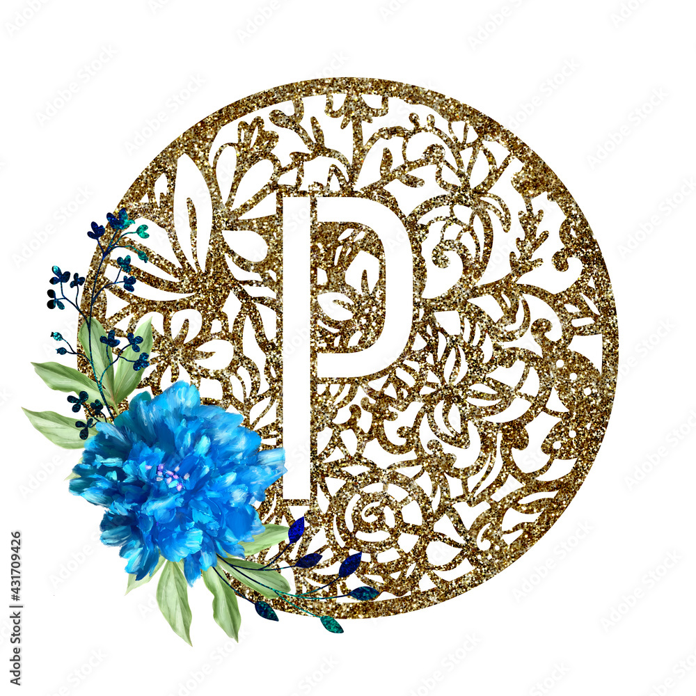 Lace circle golden letter P with blue flower peony and green leaves ...