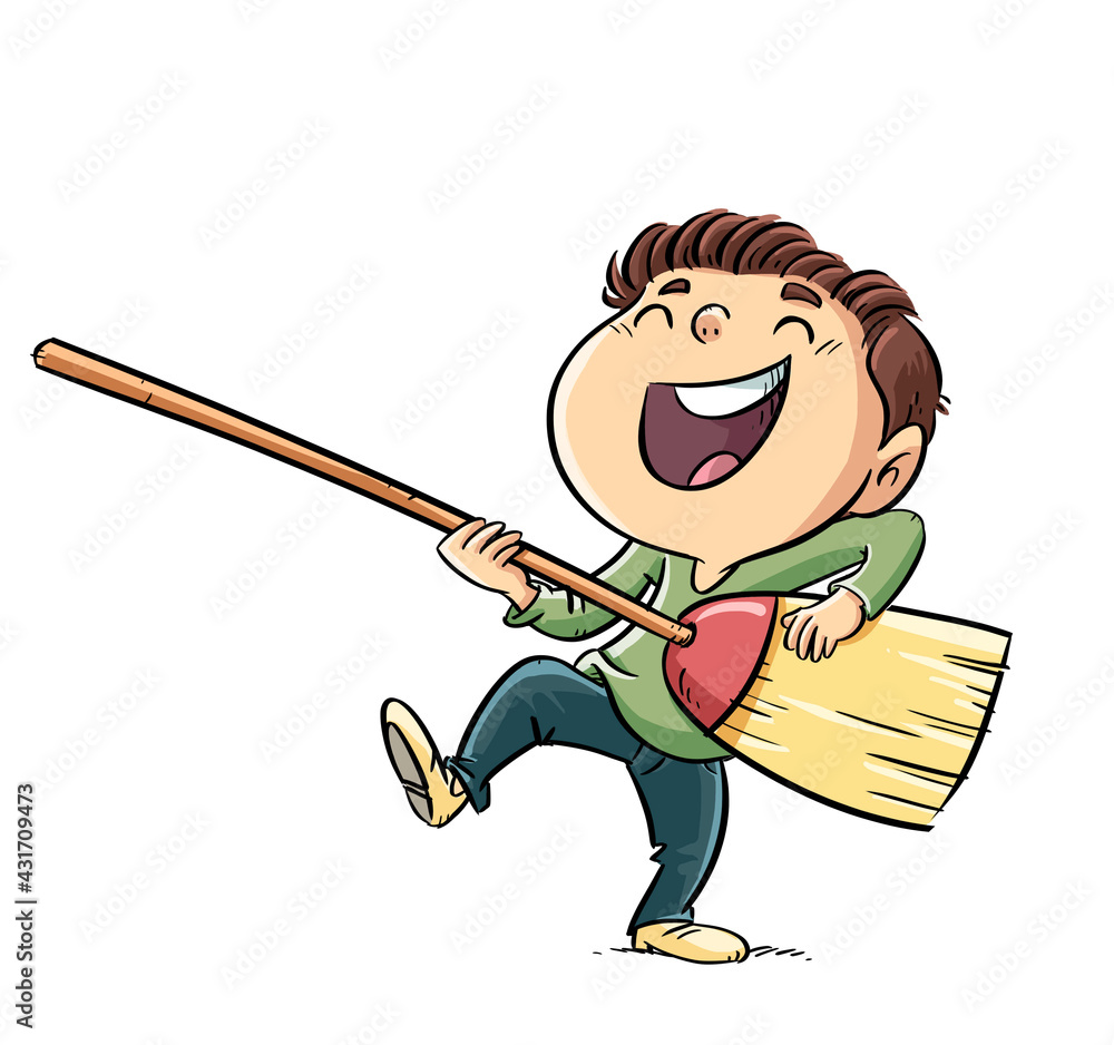 Illustration of a boy playing the broom like a guitar Stock ...