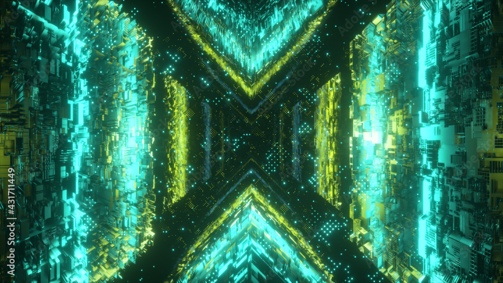 Flying in technological cyber space. Sci-fi spaceship tunnel ...