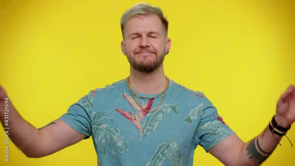 Keep calm down, relax, inner balance. Lovely stylish tourist guy ...