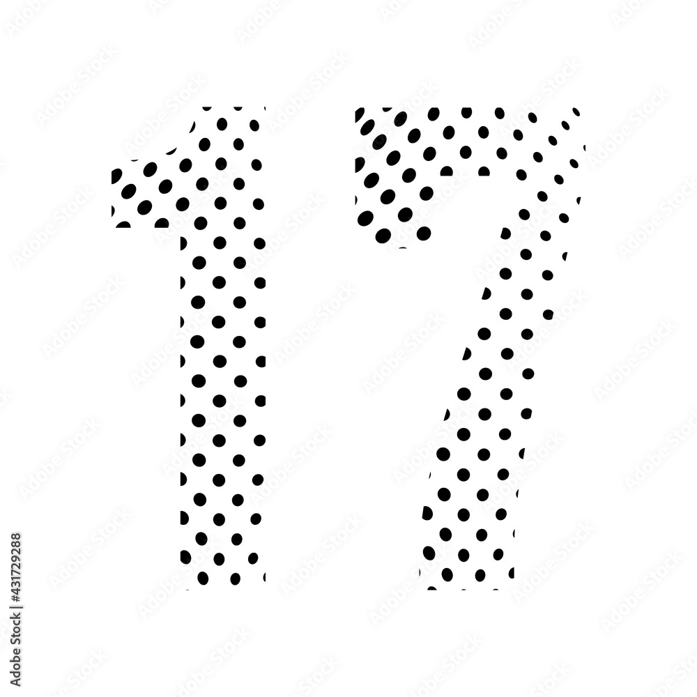 Number Seventeen, 17 in halftone. Dotted illustration isolated on a ...