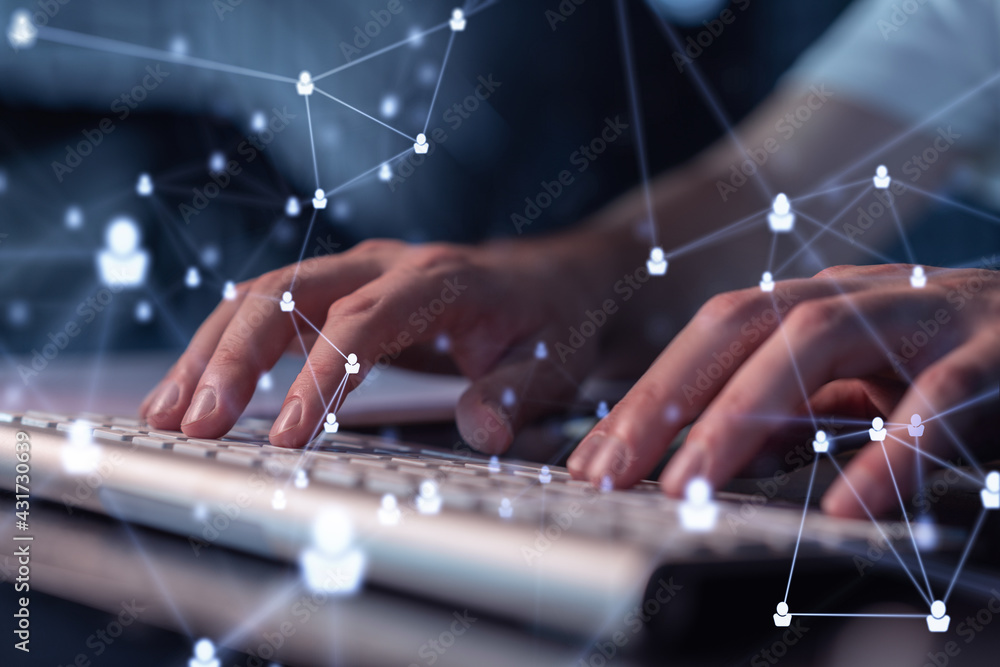 Hands of hr specialist is typing the keyboard in the internet to find ...