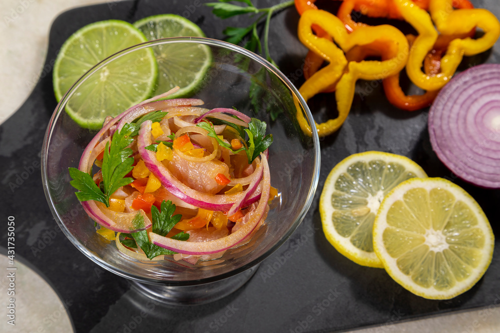 Peruvian ceviche is a traditional dish consumed in Peru. The ...