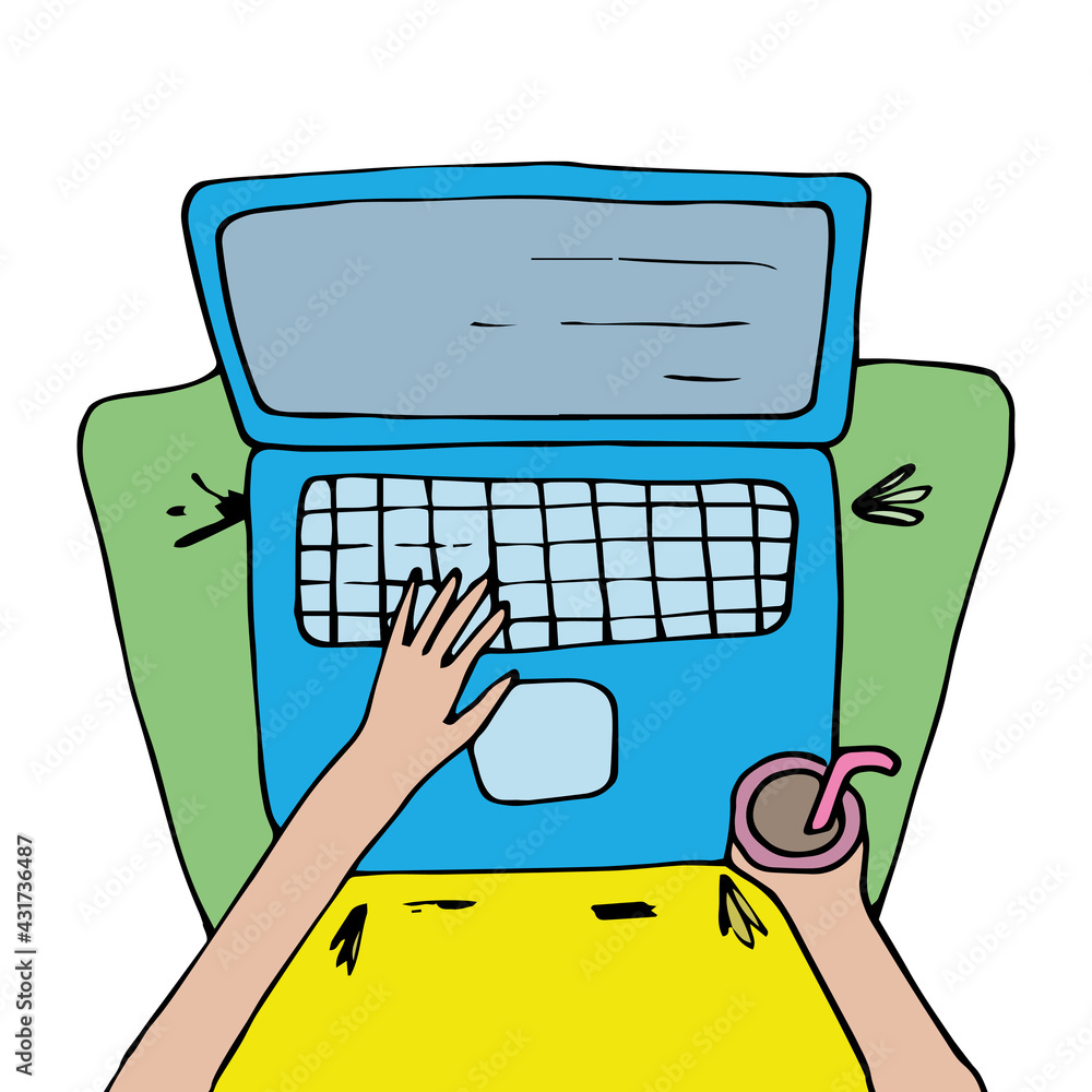 Vector illustration in bright colors of remote work at the computer ...