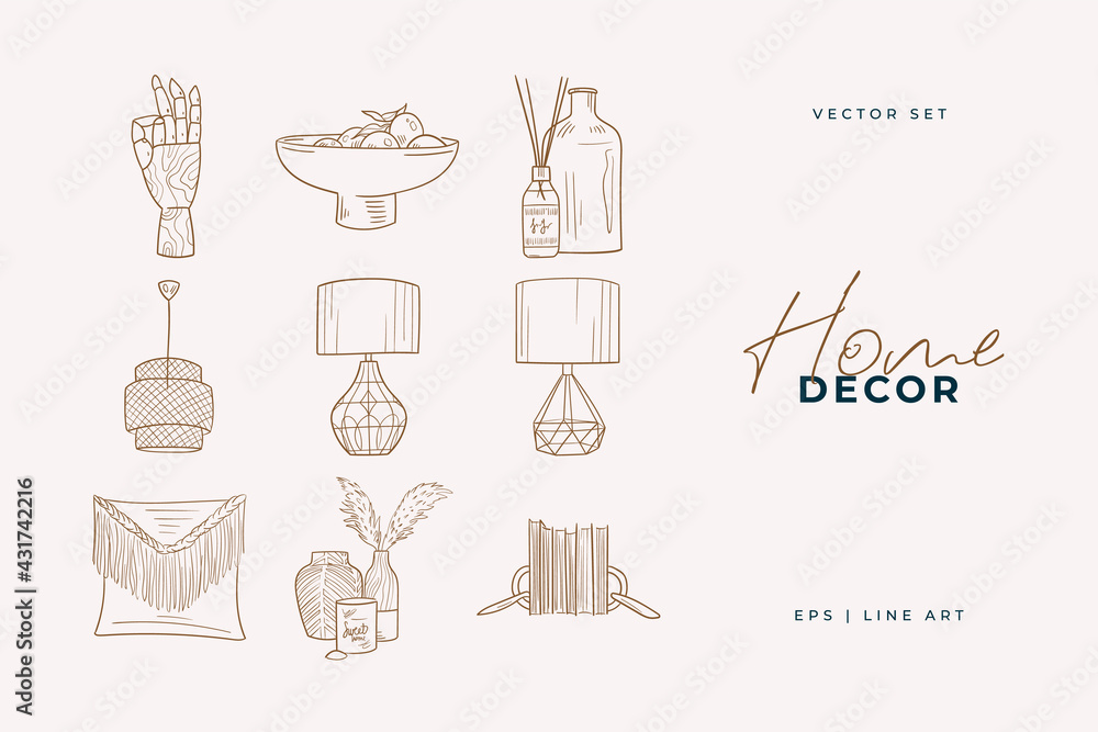 Home decor line art drawing. Doodle illustration. Stay home. Minimal ...