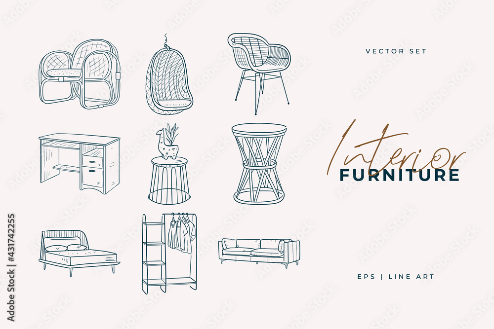 Stylish furniture set. Home decor line art drawing. Doodle illustration ...