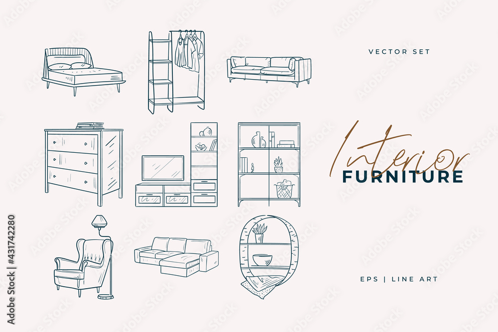 Stylish furniture set. Home decor line art drawing. Doodle illustration ...