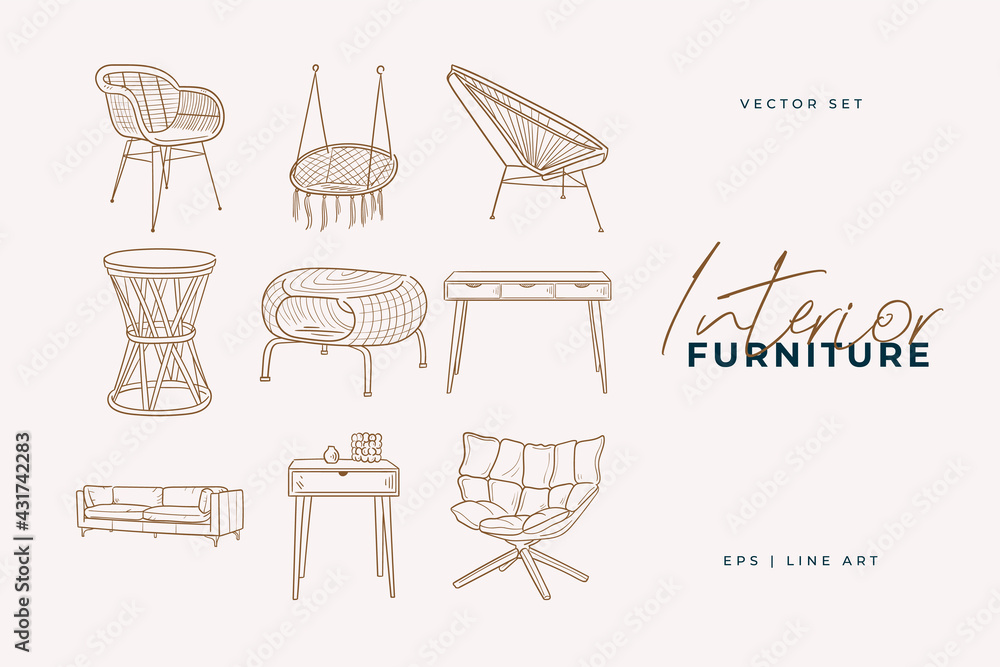 Stylish furniture set. Home decor line art drawing. Doodle illustration ...