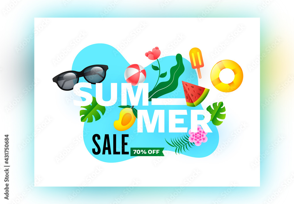 Summer Sale Poster Design with 70% Discount Offer and Realistic Beach ...