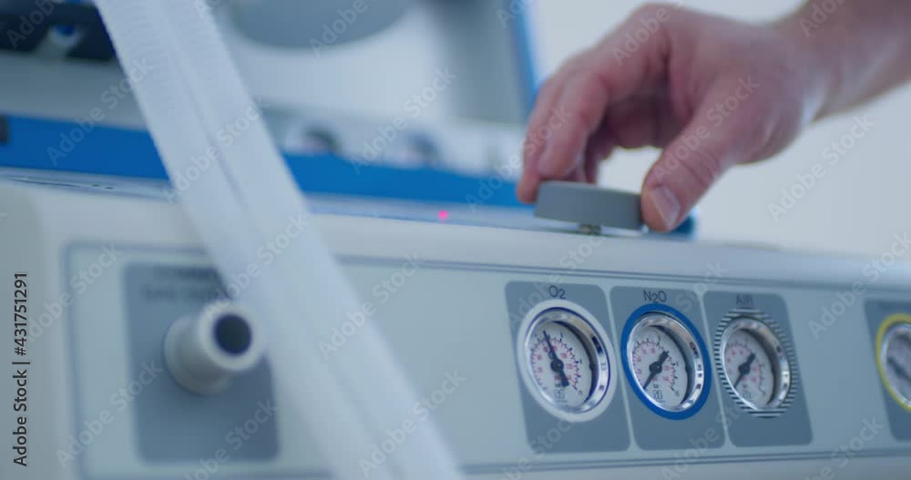Close-up an anesthesia workstation with manometer gauges of the O2 ...