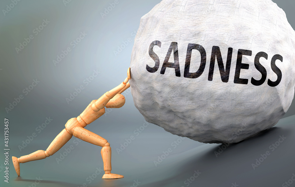 Sadness and painful human condition, pictured as a wooden human figure ...