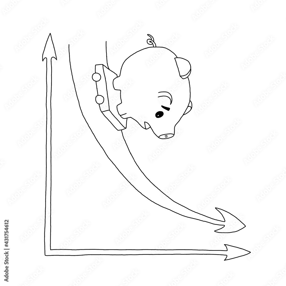 The outline of the piggy bank riding down arrow of falling graph ...