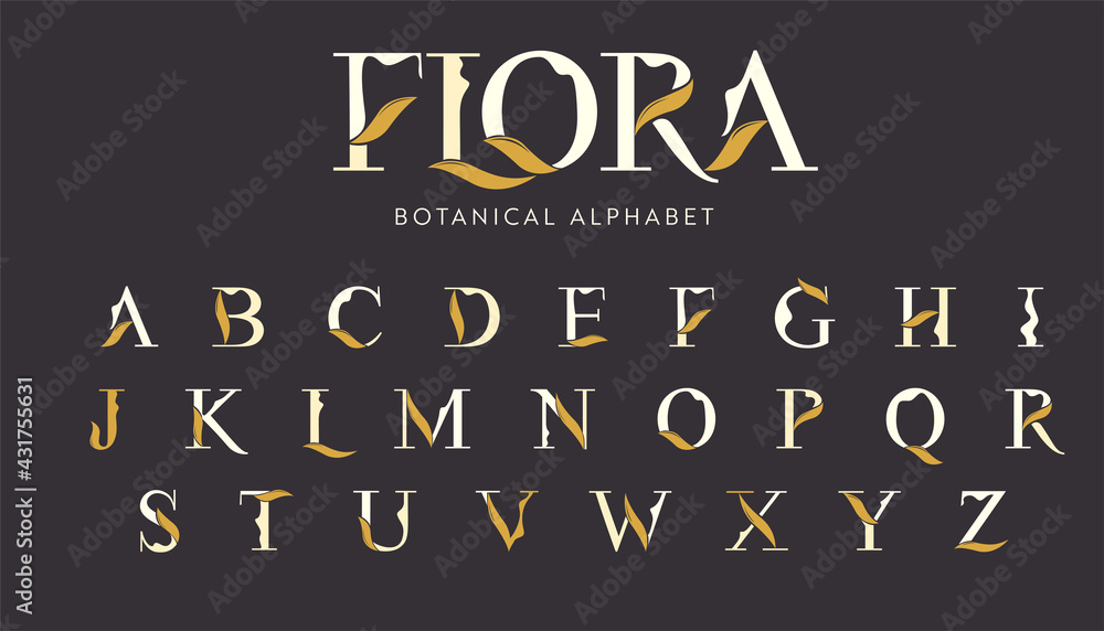 Vector Floral Alphabet with decorative leafs elements. Modern elegance ...