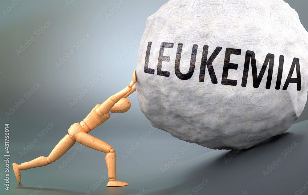 Leukemia and painful human condition, pictured as a wooden human figure ...