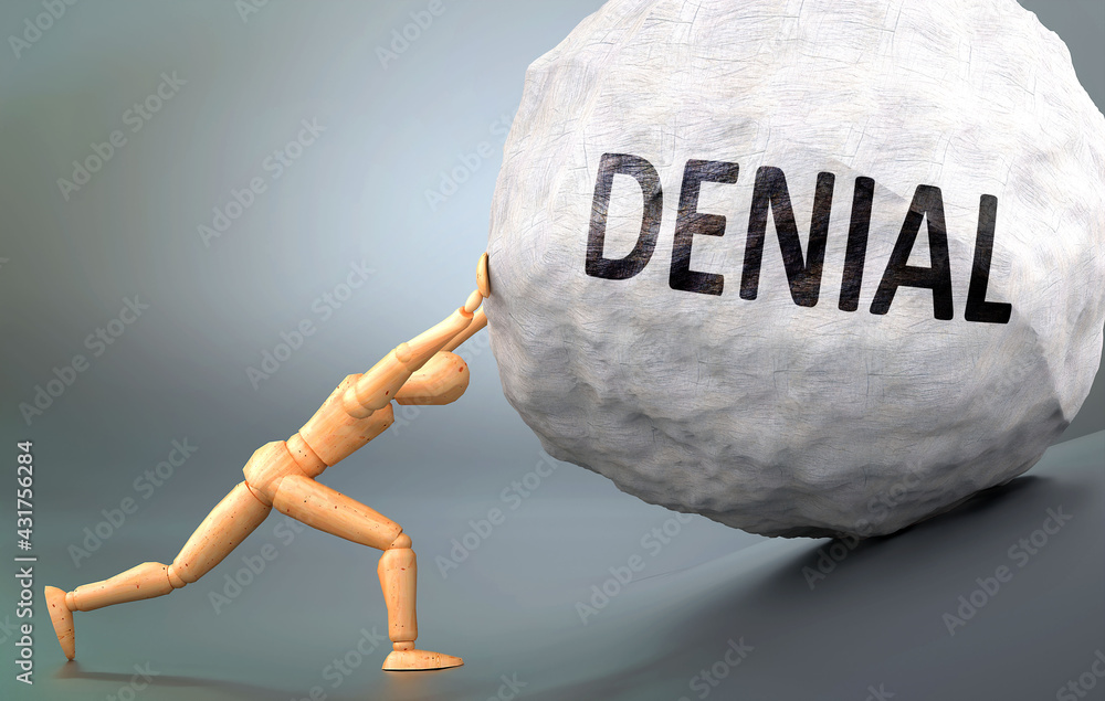 Denial and painful human condition, pictured as a wooden human figure ...