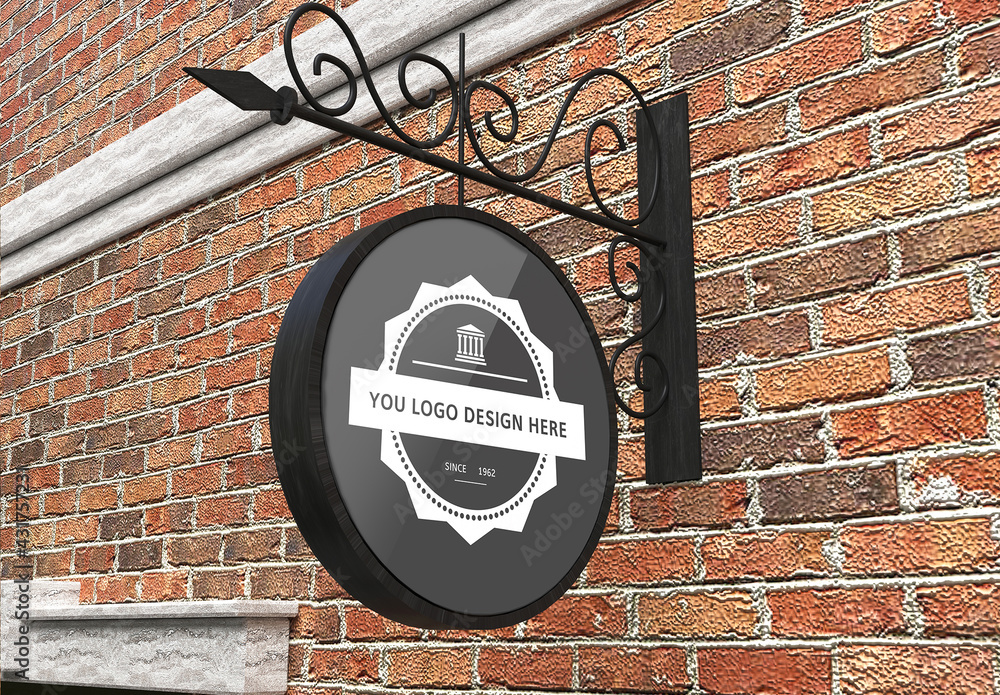 Outdoor Hanging Wall Round Sign Mockup Stock Template | Adobe Stock