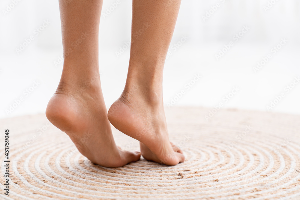 Healthy soft woman`s feet. Barefoot. Cares about a woman's clean and ...