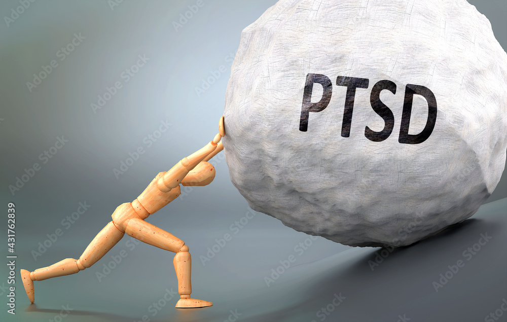 Ptsd and painful human condition, pictured as a wooden human figure ...
