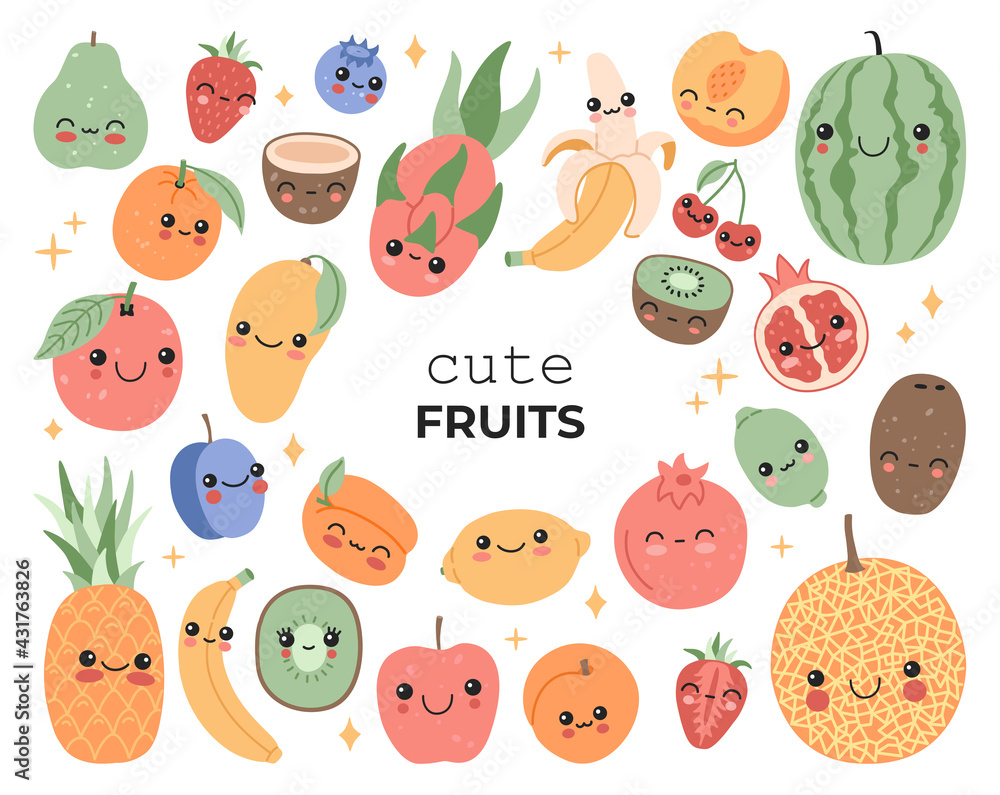 Cute little fruits with smiling face cartoon clip art for kids. Kawaii ...