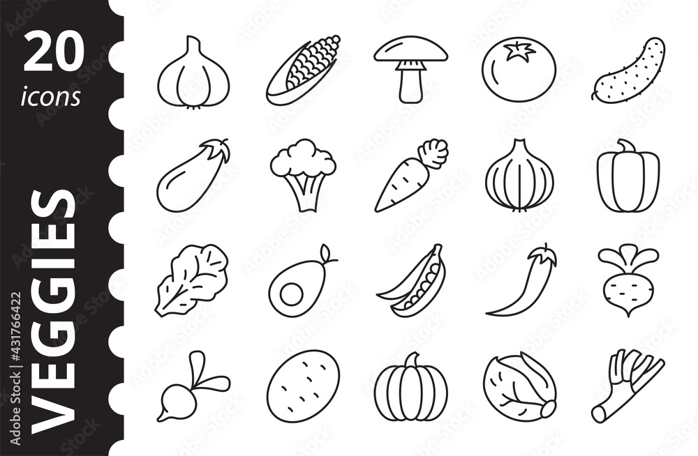 Vegetables, veggies line icon set. Healthy lifestyle. Vegetarian food ...