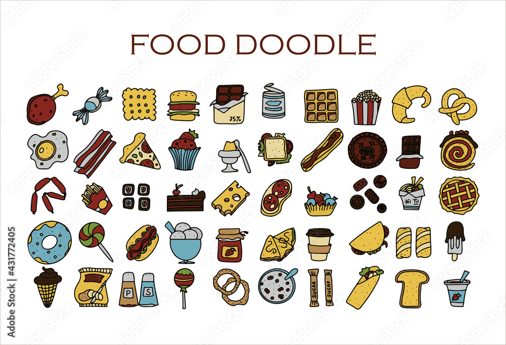 Doodle food set of 50 various fast-food products. Hand-drawn sweets ...