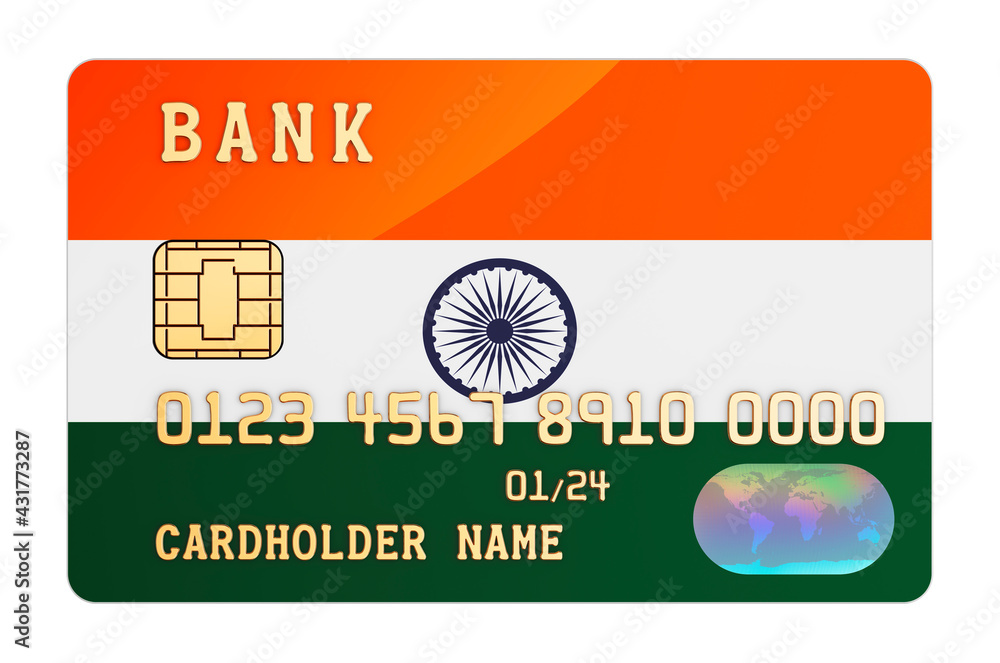 Bank credit card featuring Indian flag. National banking system in ...