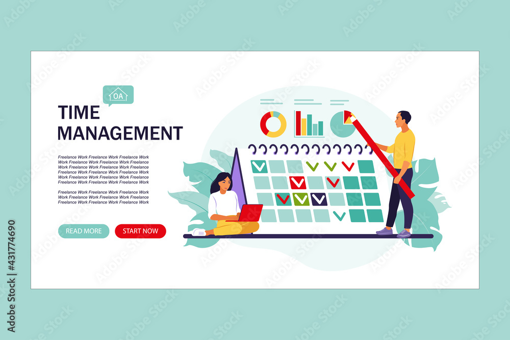Timing and project scheduling. Landing page. Concept of time management ...