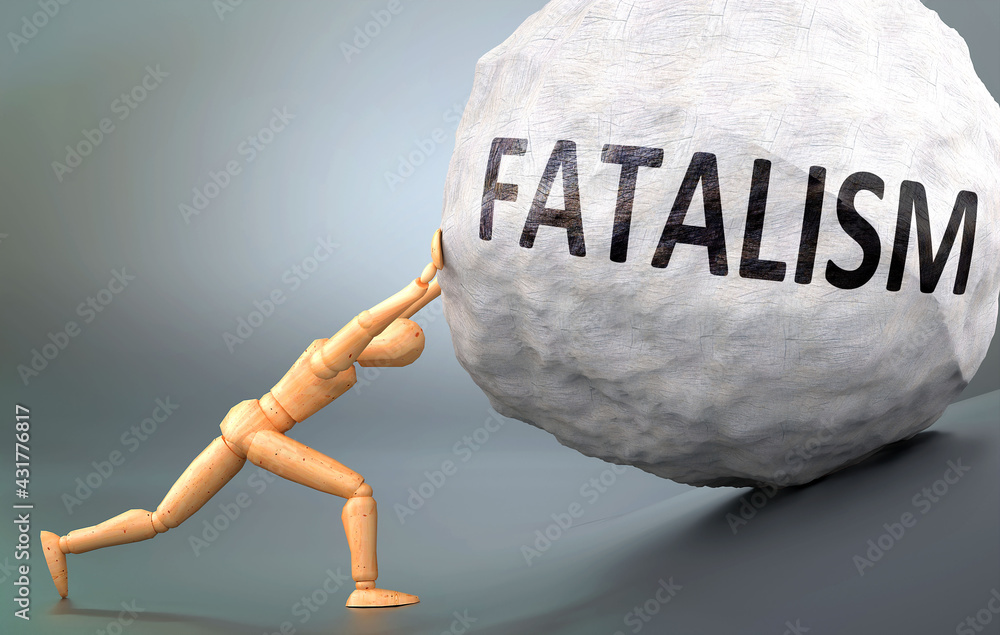 Fatalism and painful human condition, pictured as a wooden human figure ...