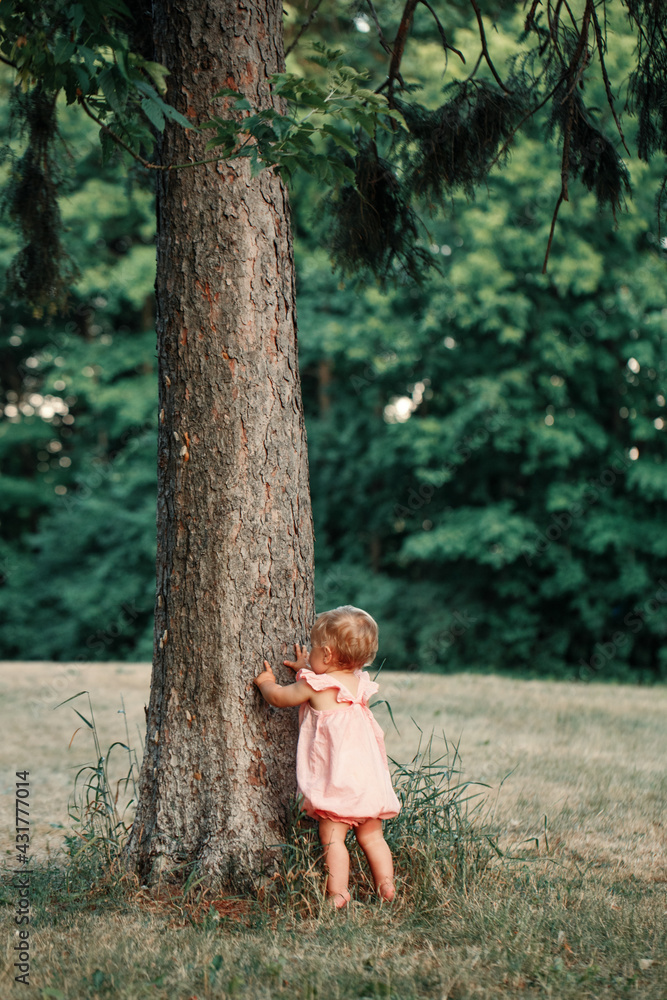 Cute baby girl one year old in pink dress standing by tall tree and ...