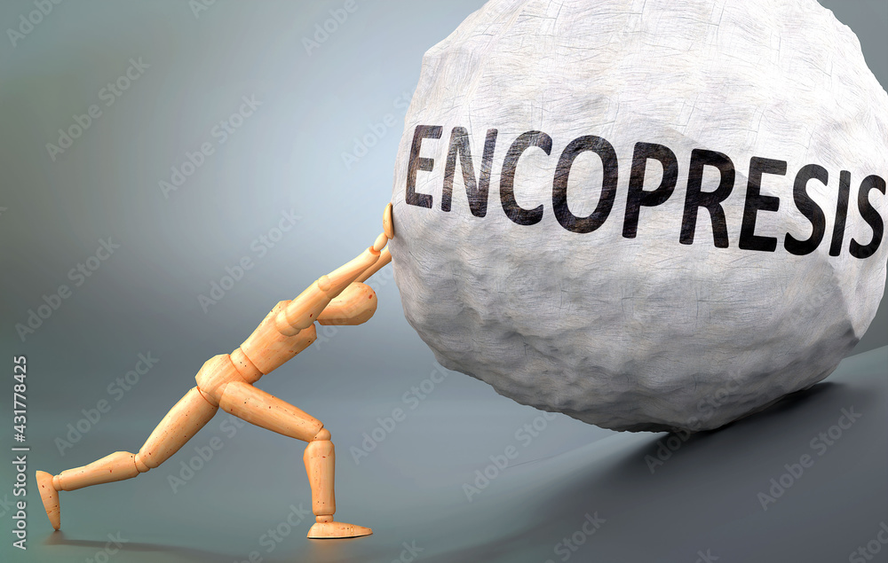 Encopresis and painful human condition, pictured as a wooden human ...