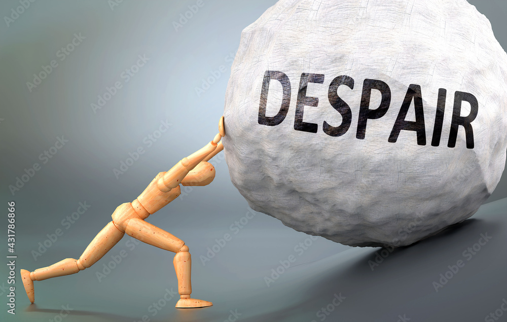 Despair and painful human condition, pictured as a wooden human figure ...