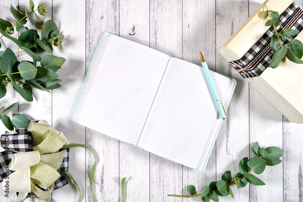 Open book journal diary. On-trend farmhouse theme flatlay craft product ...