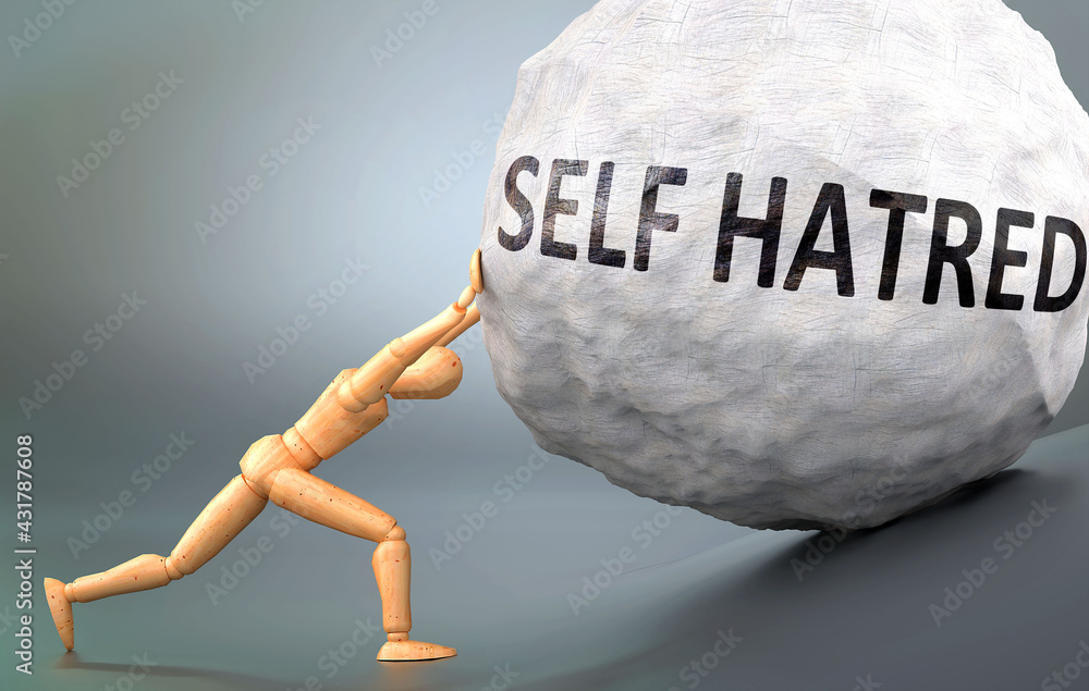 Self hatred and painful human condition, pictured as a wooden human ...