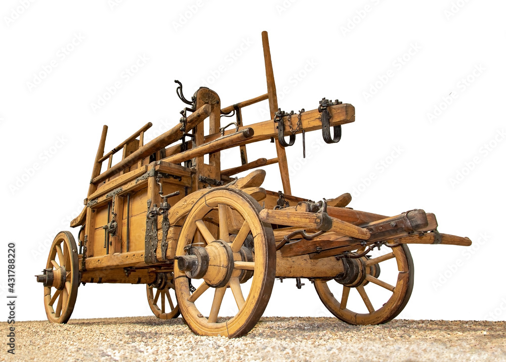 Horse-drawn fire engine, manually-operated, y.1795/1820, isolated on ...