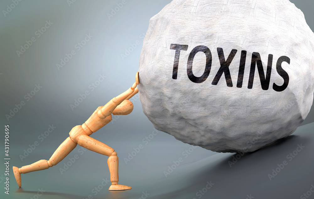 Toxins and painful human condition, pictured as a wooden human figure ...