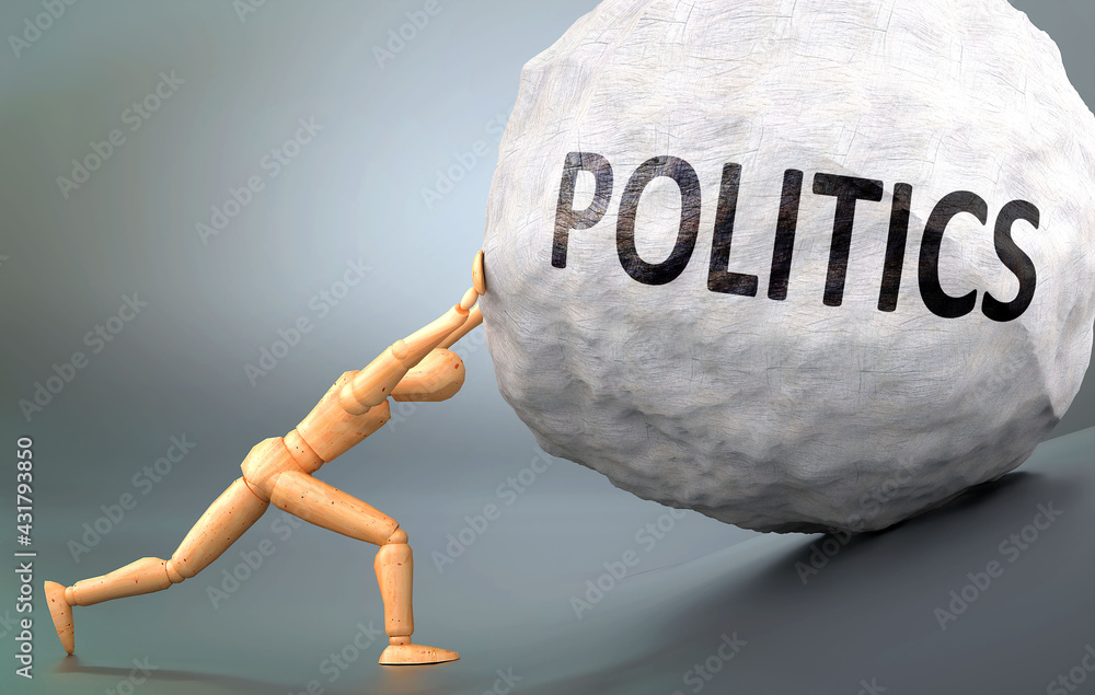 Politics and painful human condition, pictured as a wooden human figure ...