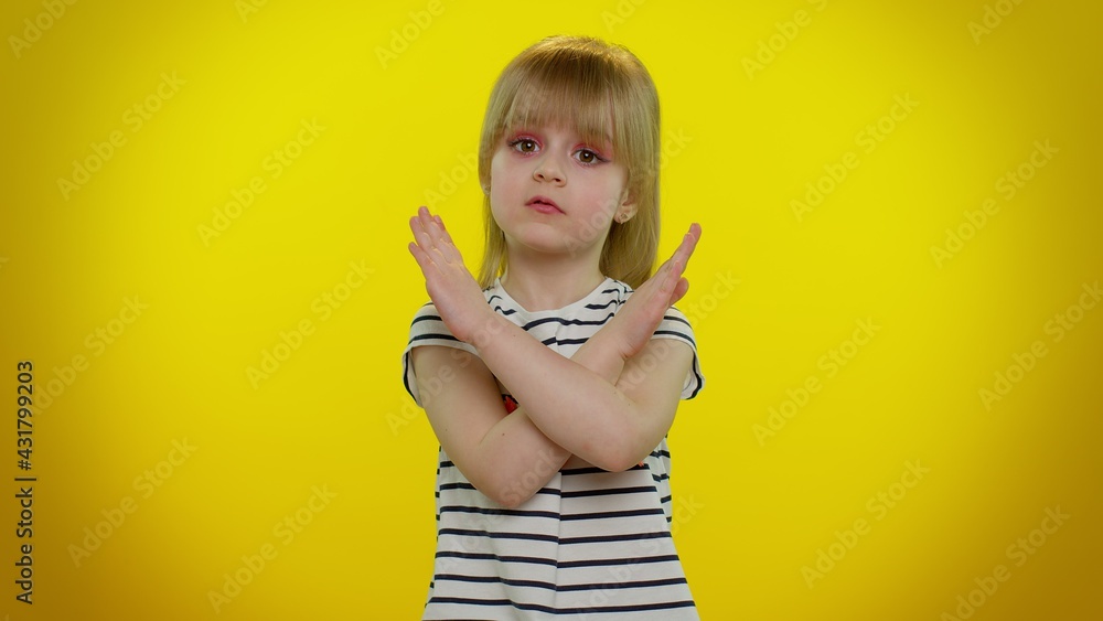 Young children say no hold palm folded crossed hands in stop gesture ...