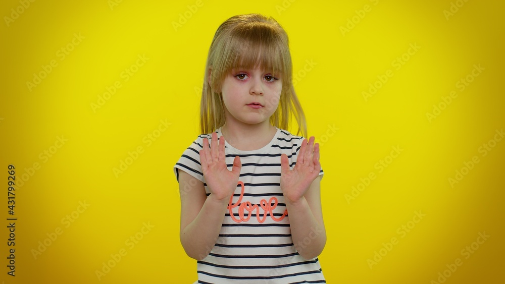I am not guilty. Portrait of blonde kid child 5-6 years old pointing ...