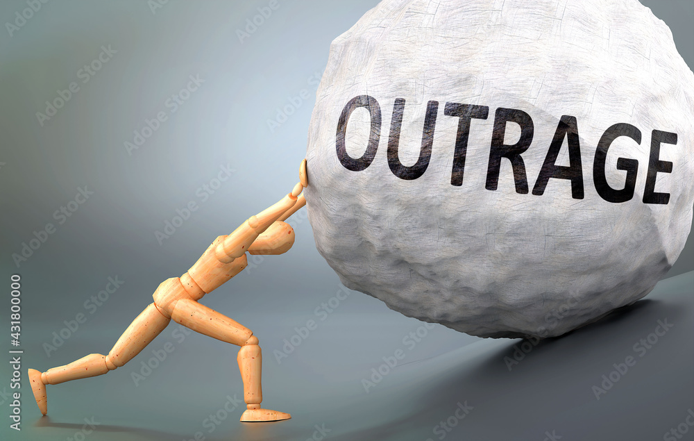 Outrage and painful human condition, pictured as a wooden human figure ...