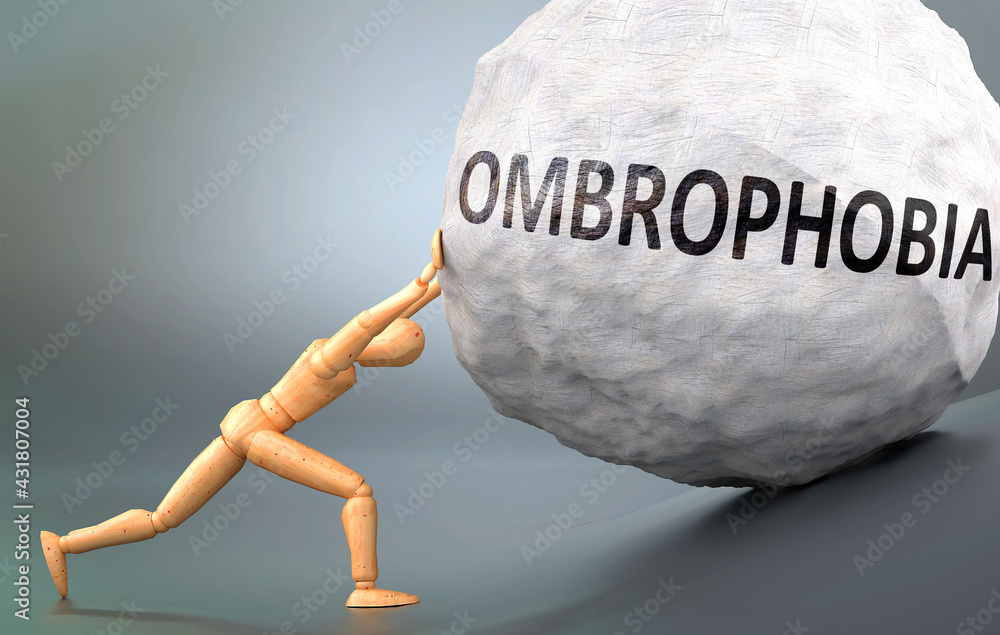 Ombrophobia and painful human condition, pictured as a wooden human ...