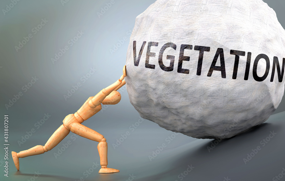 Vegetation and painful human condition, pictured as a wooden human ...