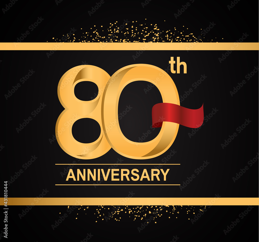 80 years anniversary logotype with premium gold color and red ribbon ...