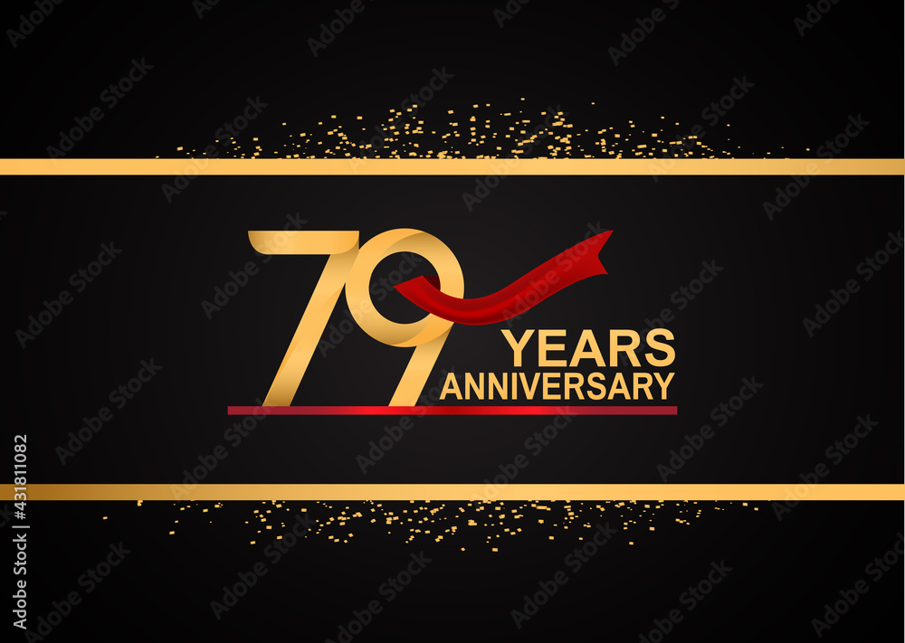 79 years anniversary logotype with golden color and red ribbon with ...