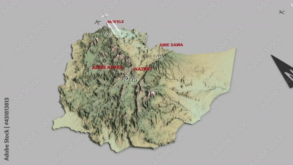 Seamless looping animation of the 3d terrain map of Ethiopia with the ...